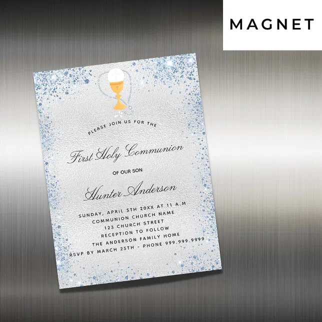 First communion silver blue boy luxury magnetic invitation | Zazzle