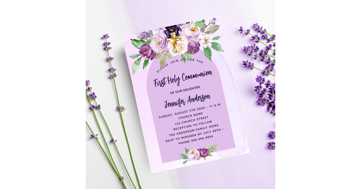 First Communion violet purple flowers cross luxury Invitation | Zazzle