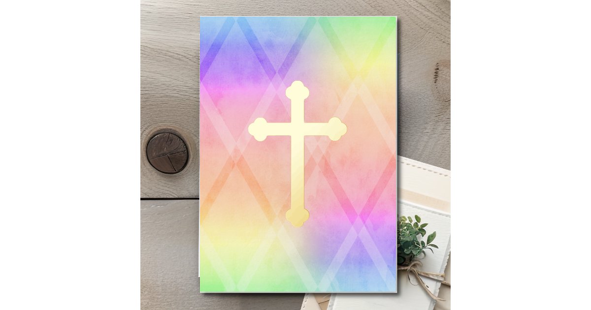 First Communion Watercolor Cross Rainbow Foil Invitation | Zazzle