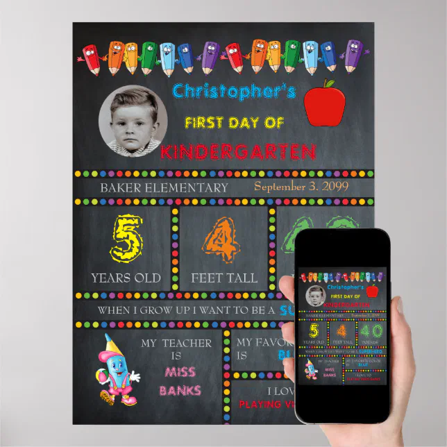 First Day Kindergarten boy,chalkboard sign,photo, Poster | Zazzle