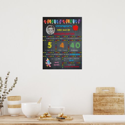 First Day Kindergarten boy,chalkboard sign,photo, Poster | Zazzle