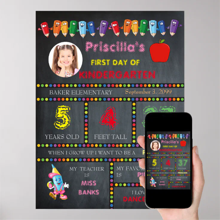 First Day Kindergarten girl,chalkboard sign,photo, Poster | Zazzle
