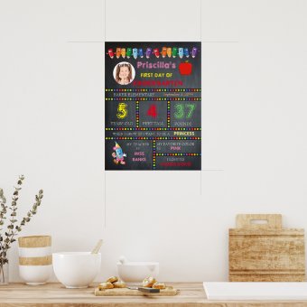 First Day Kindergarten girl,chalkboard sign,photo, Poster | Zazzle