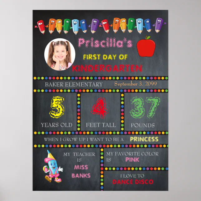 First Day Kindergarten girl,chalkboard sign,photo, Poster | Zazzle
