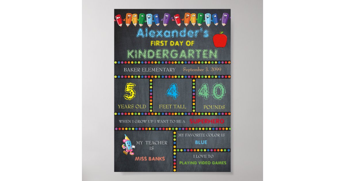 First Day Kindergarten Sign BOY,Chalkboard Poster | Zazzle