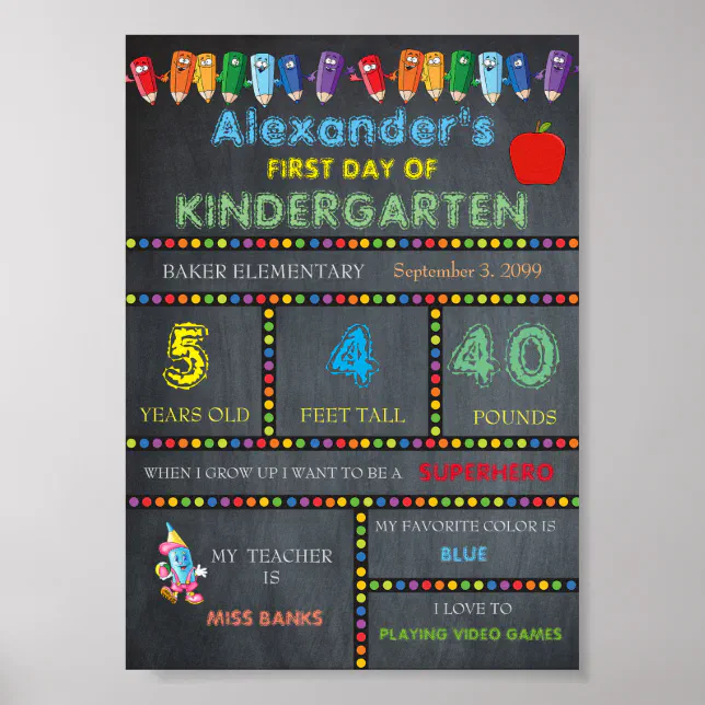 First Day Kindergarten Sign BOY,Chalkboard Poster | Zazzle