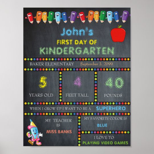 First Day of Kindergarten Sign BOY, Chalkboard | Zazzle.com