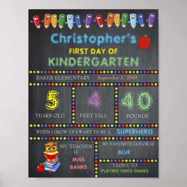 First Day of Kindergarten Sign, Chalkboard Poster | Zazzle