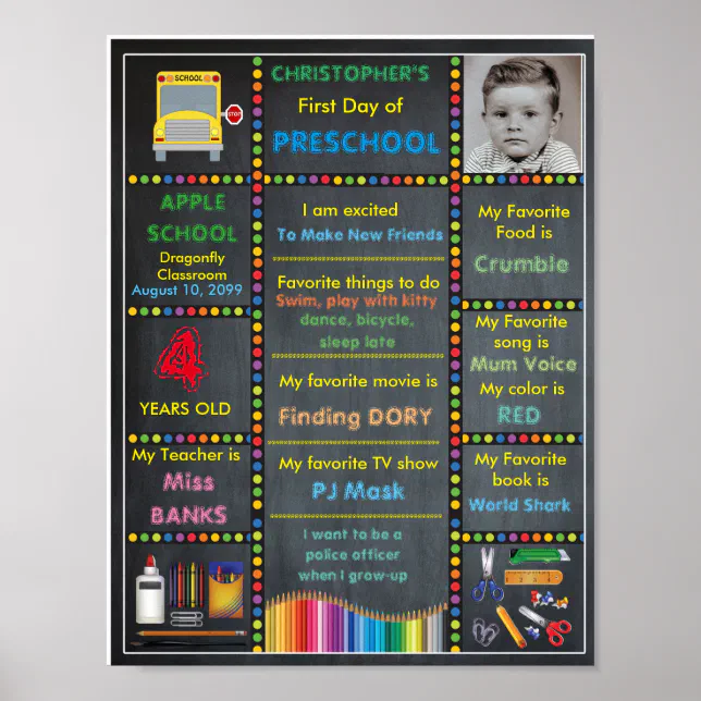 First day of preschool, chalkboard sign photo boy, | Zazzle