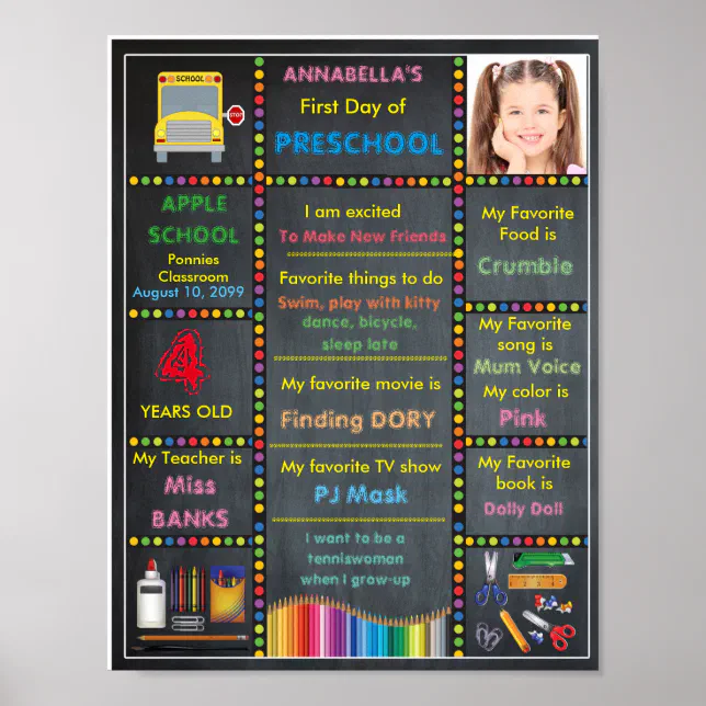 First day of preschool, chalkboard sign photo GIRL | Zazzle