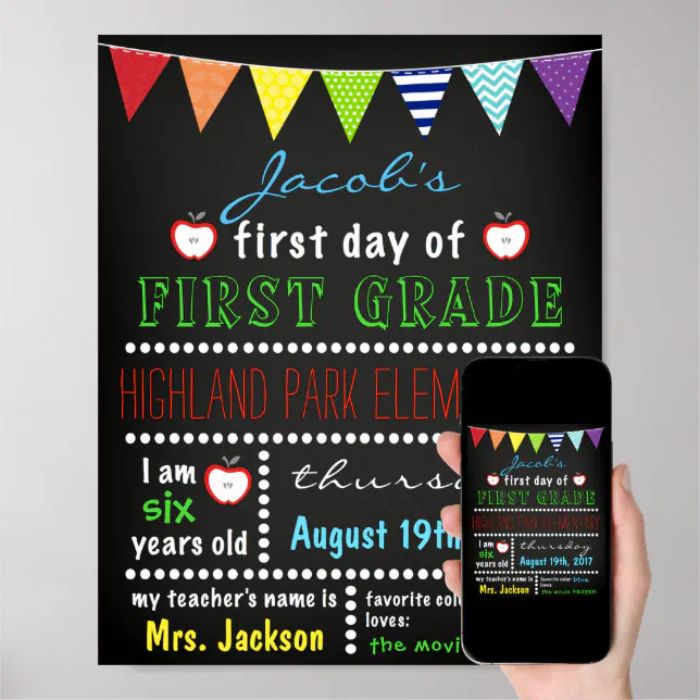 First Day of School Boys Chalkboard Back to School Poster | Zazzle