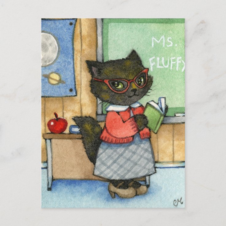 First Day of School - Cute Teacher Cat Art Postcard | Zazzle
