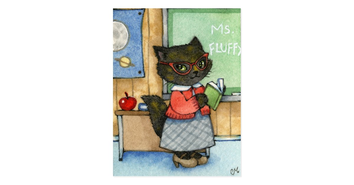 First Day of School - Cute Teacher Cat Art Postcard | Zazzle.com