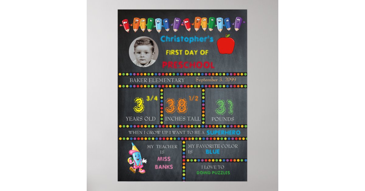 FIRST DAY PRESCHOOL boy,chalkboard sign,photo Poster | Zazzle