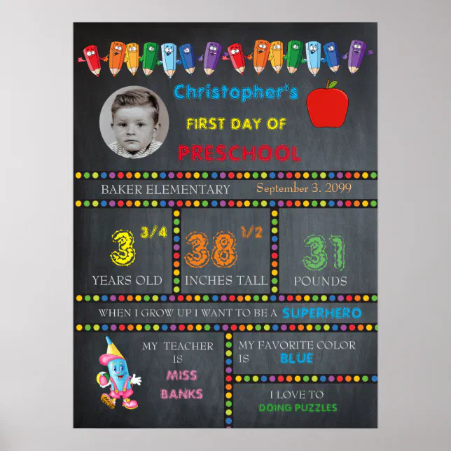 FIRST DAY PRESCHOOL boy,chalkboard sign,photo Poster | Zazzle
