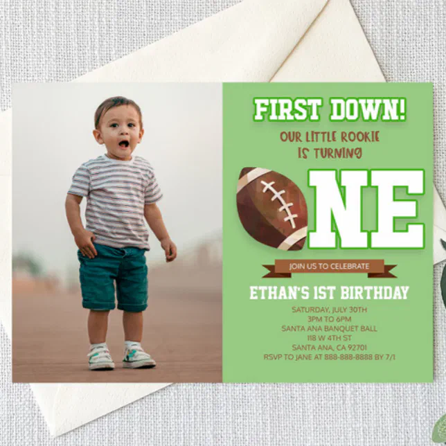 First Down Football Green ONE 1st Birthday Party Invitation | Zazzle