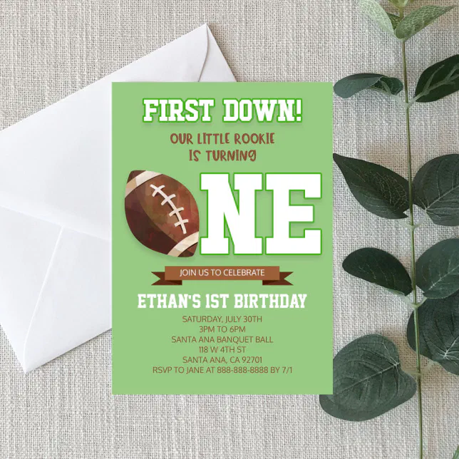 First Down Football Green ONE 1st Birthday Party Invitation | Zazzle