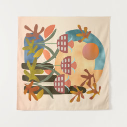 First falling leaves & modern flowers illustration tapestry | Zazzle