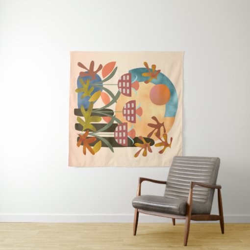 First falling leaves & modern flowers illustration tapestry | Zazzle