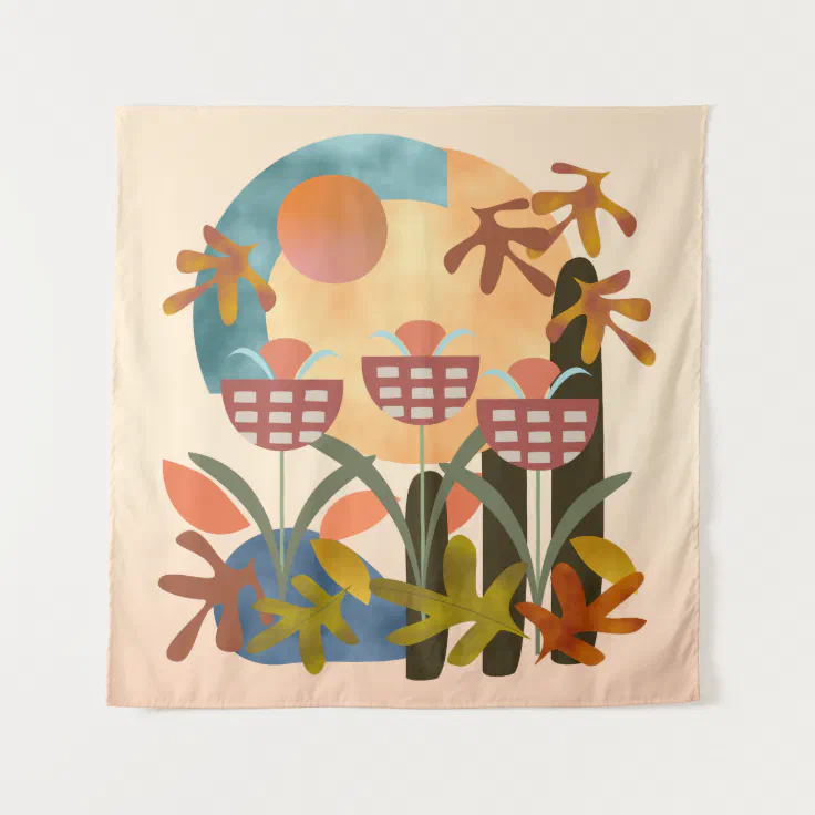 First falling leaves & modern flowers illustration tapestry | Zazzle