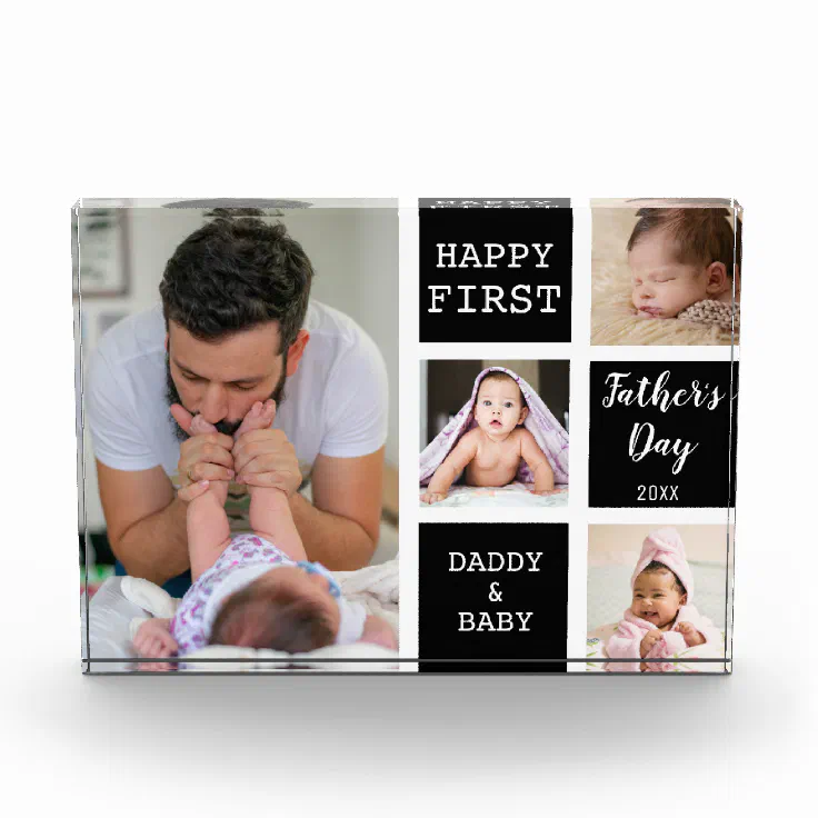 First Father's Day Black 4 Photo Collage Block | Zazzle