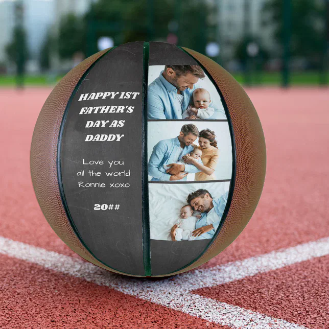 First Fathers Day Chalkboard 3 Custom Baby Photo Basketball | Zazzle