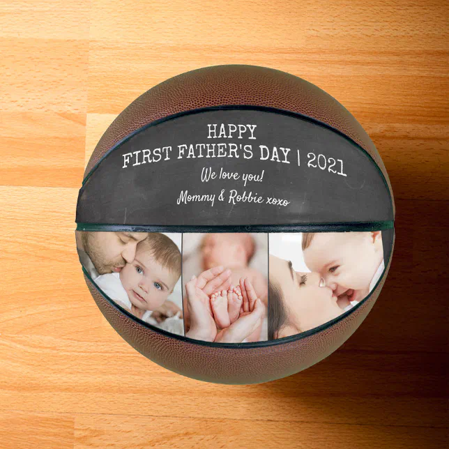 First Fathers Day Chalkboard Custom 3 Photo Basketball | Zazzle