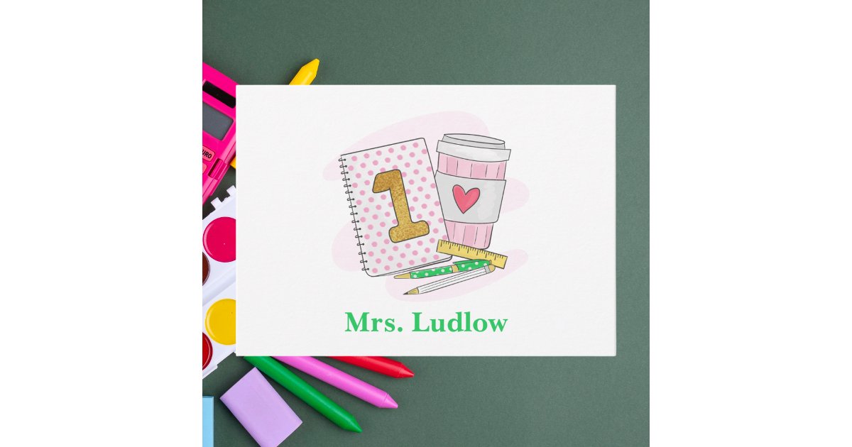 First Grade Teacher Pink Polka Dots Gold 1 Custom Note Card | Zazzle