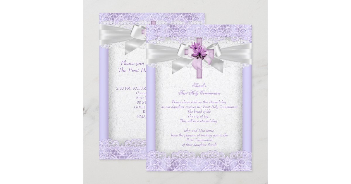 First Holy Communion 1st Girls Cross Lavender Invitation | Zazzle