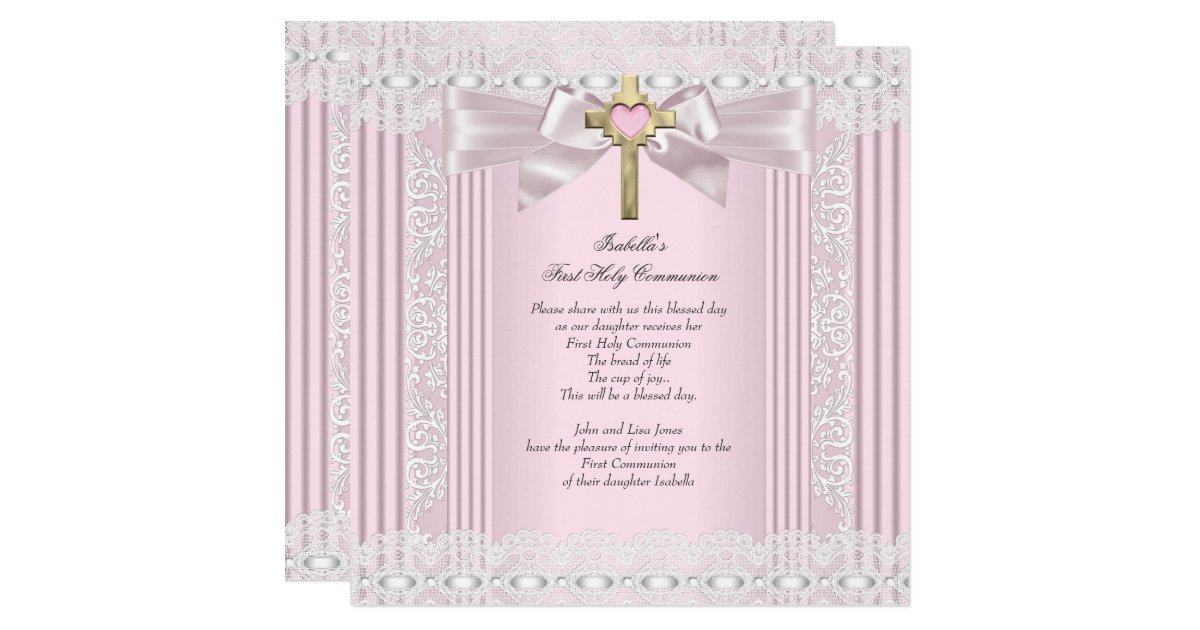 First Holy Communion 1st Girls Cross Pink Lace 5 Invitation | Zazzle.com