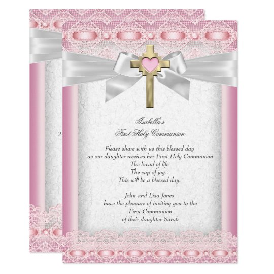 First Holy Communion 1st Girls Cross Pink Lace Invitation | Zazzle.com