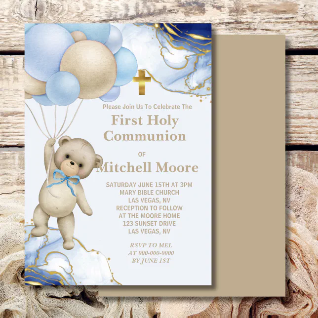 First Holy Communion Bear Balloon Blue Gold Swirl Invitation | Zazzle