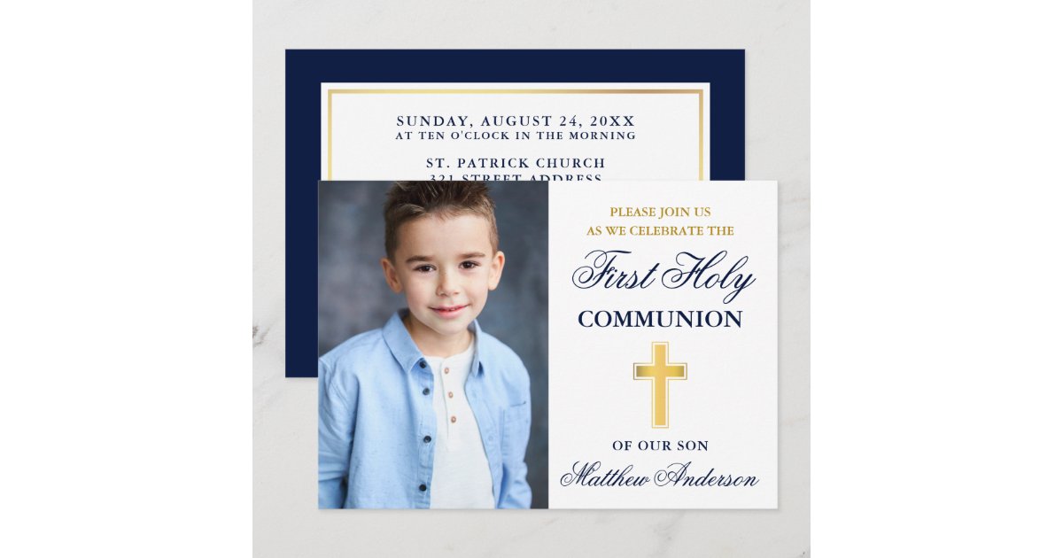 First Holy Communion Blue and Gold Photo Invitation | Zazzle