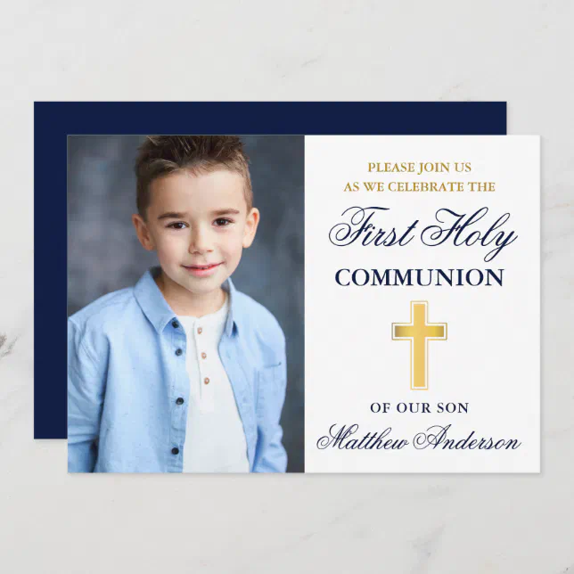 First Holy Communion Blue and Gold Photo Invitation | Zazzle