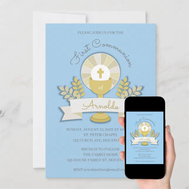 first holy communion blue chalice invitation | Zazzle