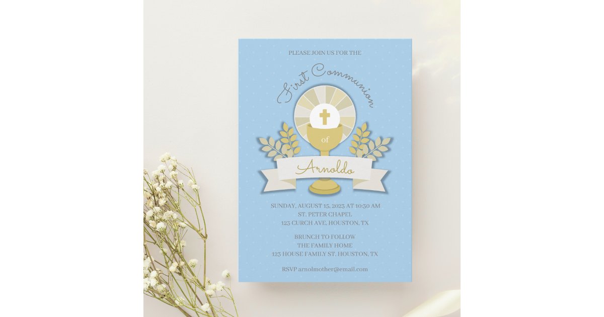 first holy communion blue chalice invitation | Zazzle