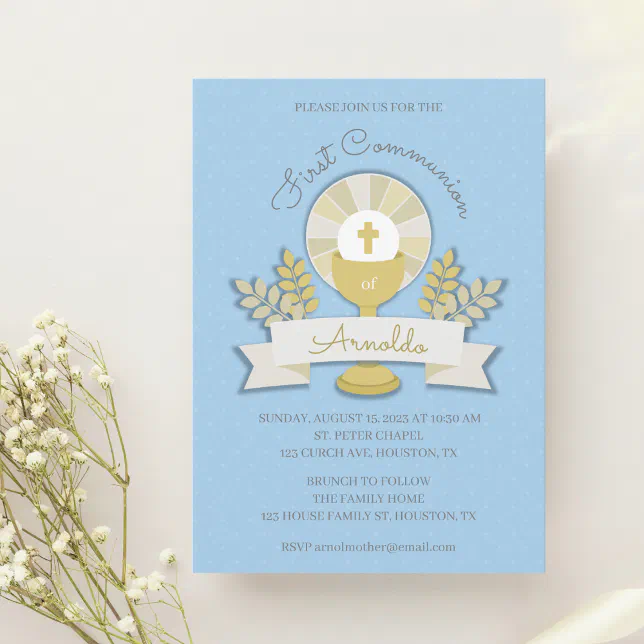 first holy communion blue chalice invitation | Zazzle