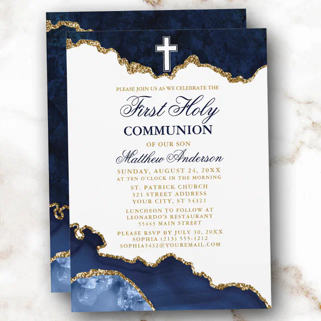 First Holy Communion Blue Gold Marble Geode Invitation | Zazzle