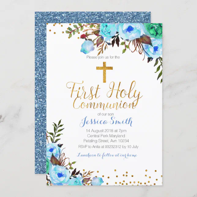 First Holy Communion Blue Invitation Boy | Zazzle