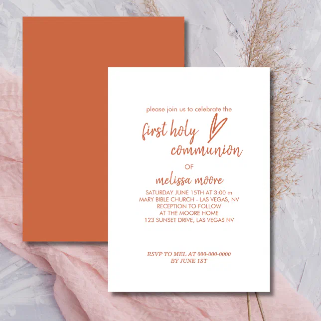 First Holy Communion Boho Modern Heart Terracotta Invitation | Zazzle