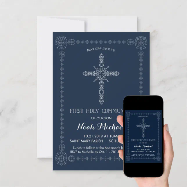 First Holy Communion Boys Invitation Elegant Cross | Zazzle