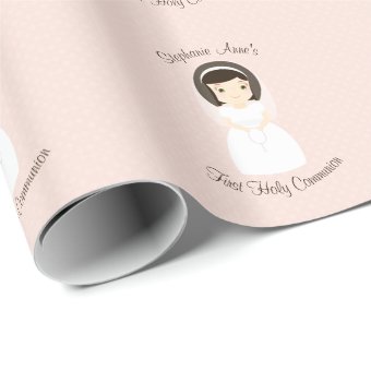 First Holy Communion Brunette Girl Wrapping Paper | Zazzle