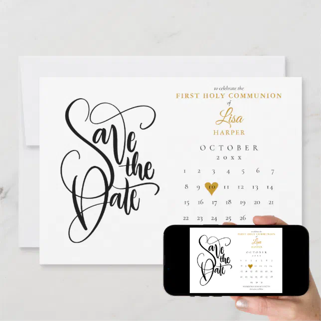 First Holy Communion Calendar Gold Heart Save The Date | Zazzle