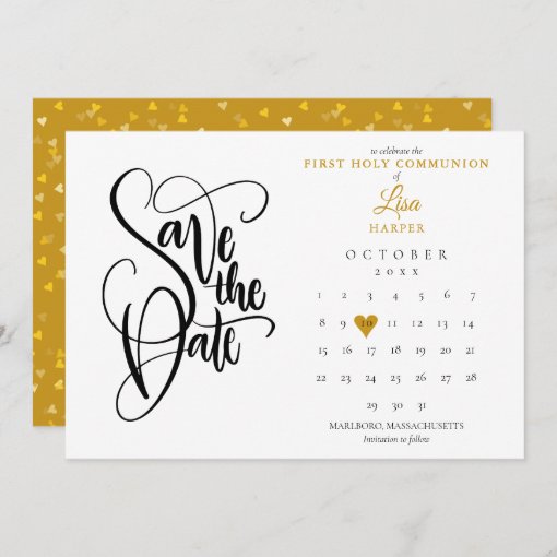 First Holy Communion Calendar Gold Heart Save The Date | Zazzle