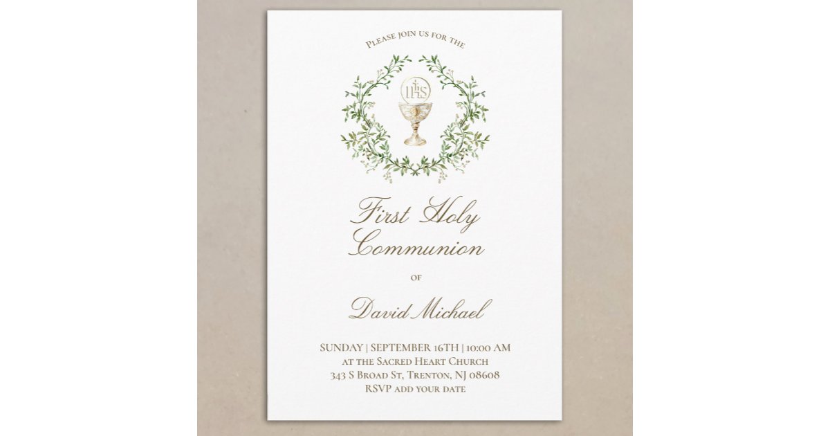 First Holy Communion chalice greenery crest Invitation | Zazzle