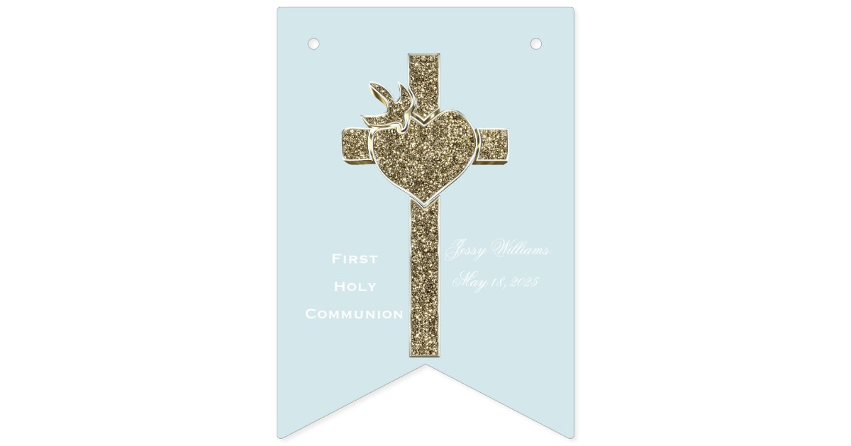 First Holy Communion Cross with Dove and Heart Bunting Flags | Zazzle