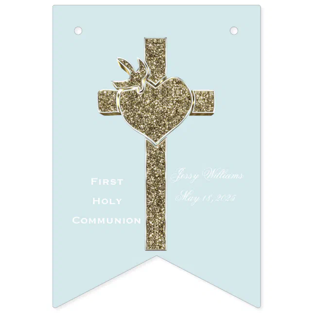 First Holy Communion Cross with Dove and Heart Bunting Flags | Zazzle