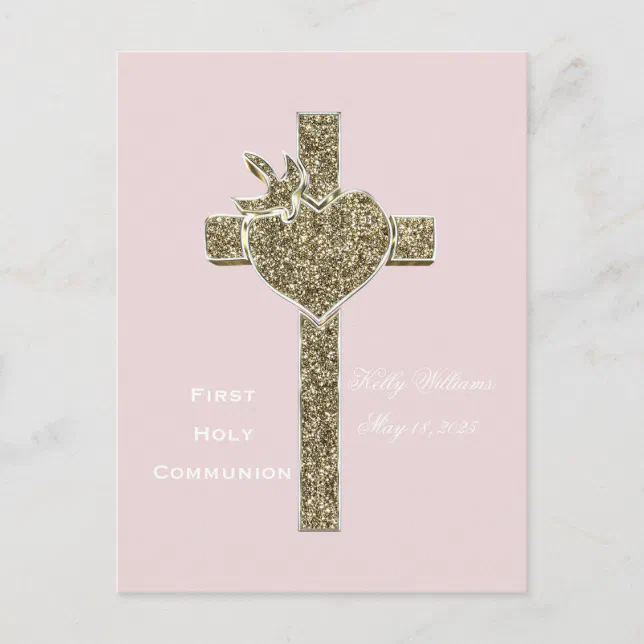 First Holy Communion Cross with Dove and Heart Postcard | Zazzle