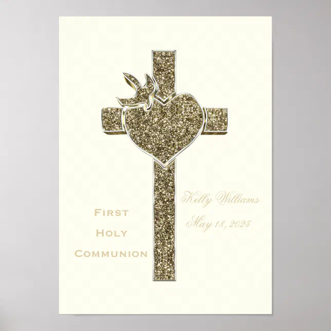 First Holy Communion Cross with Dove and Heart Poster | Zazzle