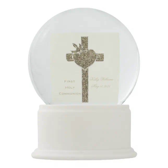 First Holy Communion Cross with Dove and Heart Snow Globe | Zazzle